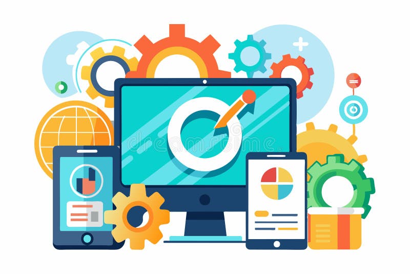 A Lively Digital Workspace Brimming with Gadgets, Colorful Gears, and Analytical Charts, Refresh ...