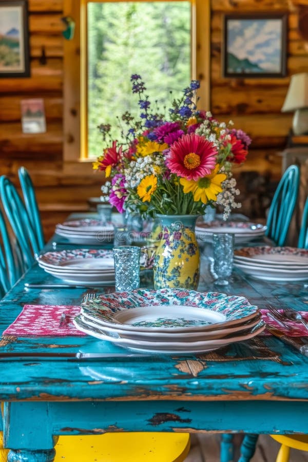 A Lively Dining Room Setup with a Table and Chairs in Bright, Bold ...