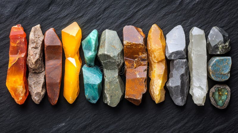 A Lively Display of Vividly Colored Mineral Samples Lined Up in Rows ...