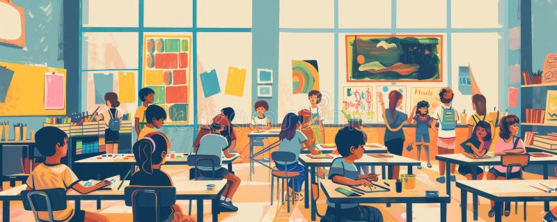 Lively Elementary School Classroom Scene with Students and Teacher ...