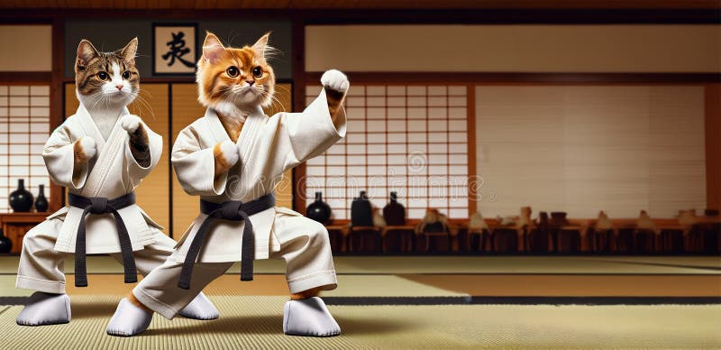 Two Cats Dressed in Karate Kimonos Practicing Karate in a Dojo. Stock ...