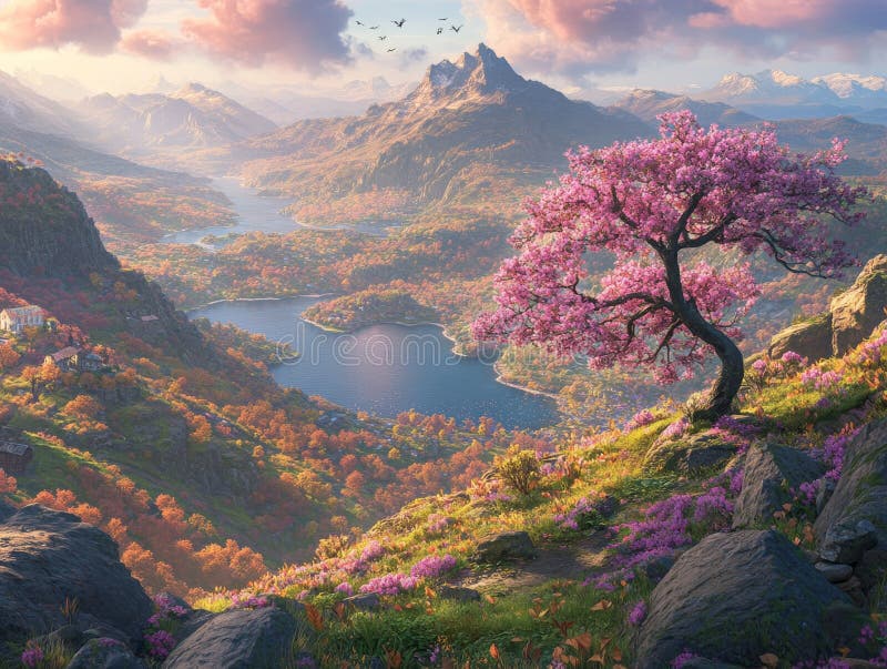 Lively Fall Scenery Featuring Pink Trees and Mountains Stock Photo ...