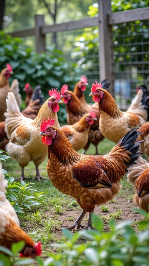 Lively Flock Chickens Lush Green Farmyard Setting Stock Photos - Free ...