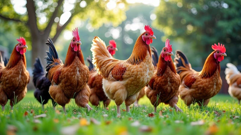 Lively Flock of Hens Roaming Freely on Sunny Farm Landscape Stock Photo ...