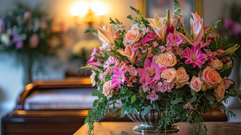 A Lively Floral Display in the Funeral Home Reception Area, Illuminated ...