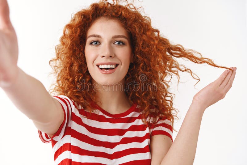 Lively Good Looking Redhead Curly Haired Blue Eyes Cheerful Woman