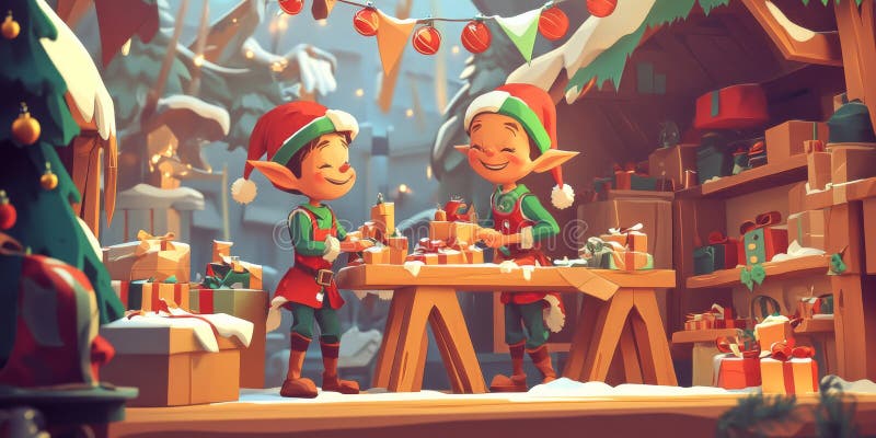 A Lively Graphic Featuring Playful Elves Working in a Workshop ...