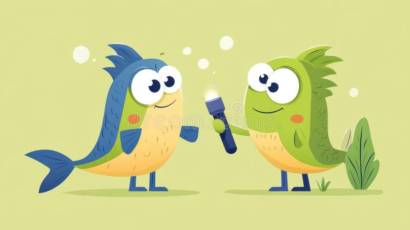 A Lively Green Fish with Arms and Legs Explores, Using a Flashlight As ...