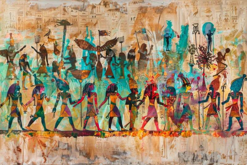 Colorful Procession of Ancient Figures in a Vibrant Egyptian Landscape ...