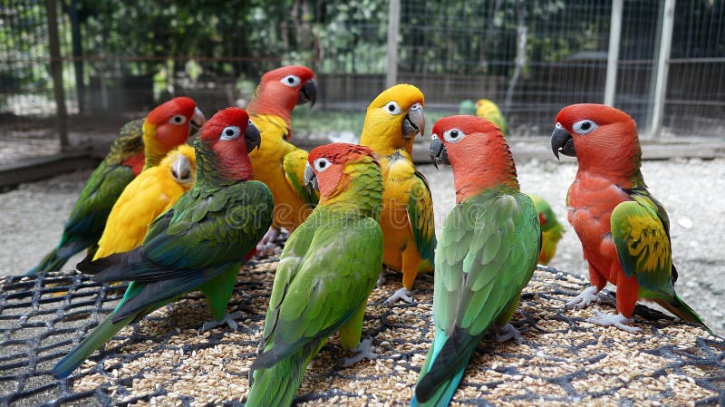 A Lively Group of Colorful Parrots Feeding on Seeds in an Aviary ...