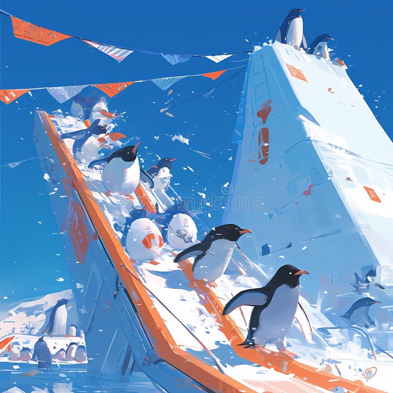 Penguins Fun Slide Adventure Stock Illustration - Illustration of ...