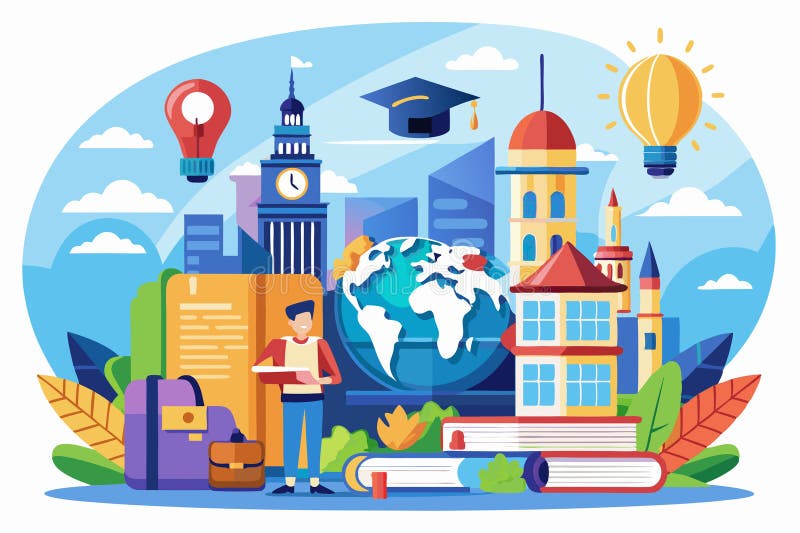 A Lively Image of a Student with Books, a Globe, and Iconic Landmarks ...