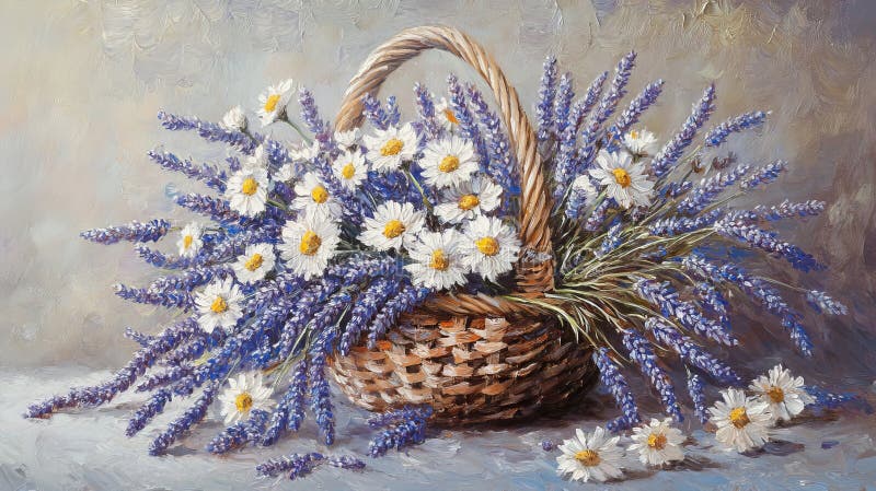 A Lively Mix of Spring Blooms Set in a Woven Basket. Stock Illustration ...