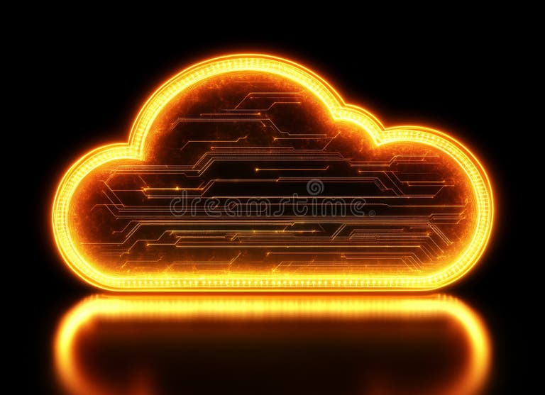 A Lively, Neon Cloud Icon Throbs with Circuit Lines, Representing Digital Data Storage and ...