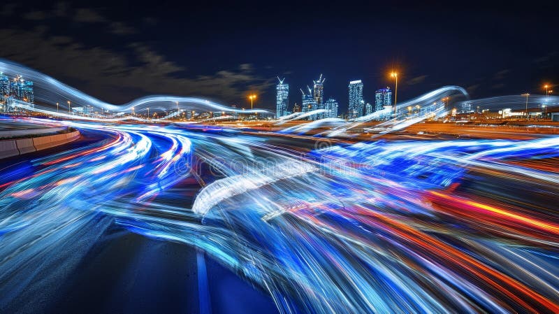 A Lively Night Scene Featuring Glowing Skyscrapers and Streaks of Light ...