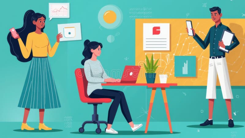 A Lively Office Atmosphere Features Three Professionals Engaged in ...