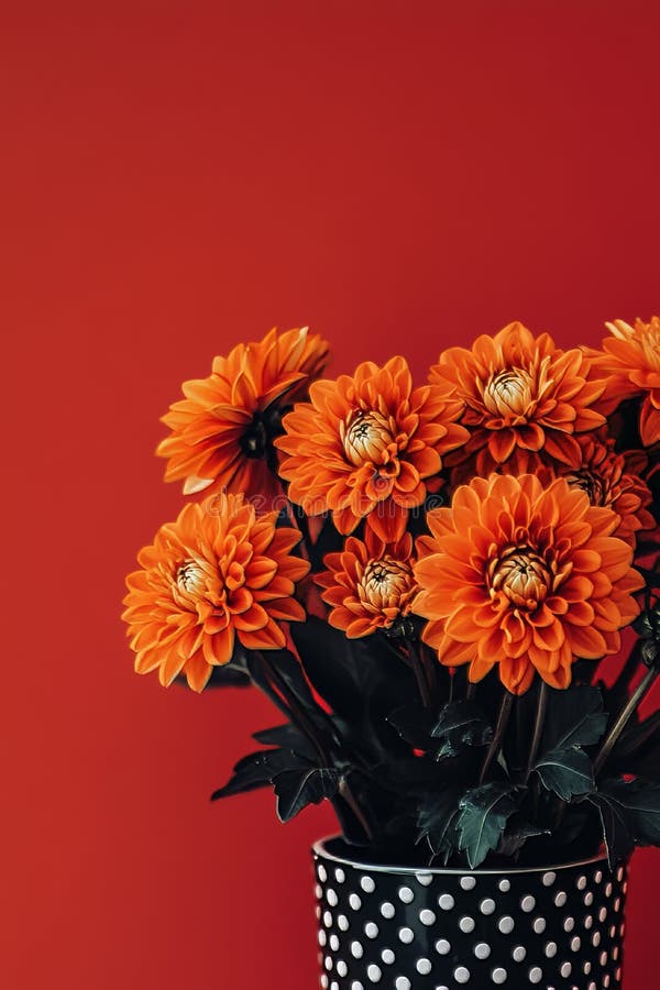 Lively Orange Petals in a Dotted Vase, Positioned in Front of a Scarlet ...
