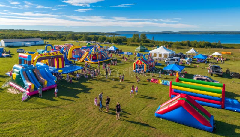 Lively Outdoor Carnival Scene with Inflatable Play Structures. Stock ...