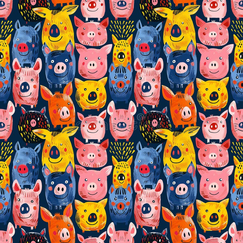 Colorful Cartoon Pigs Pattern on Navy Background Stock Photo - Image of ...