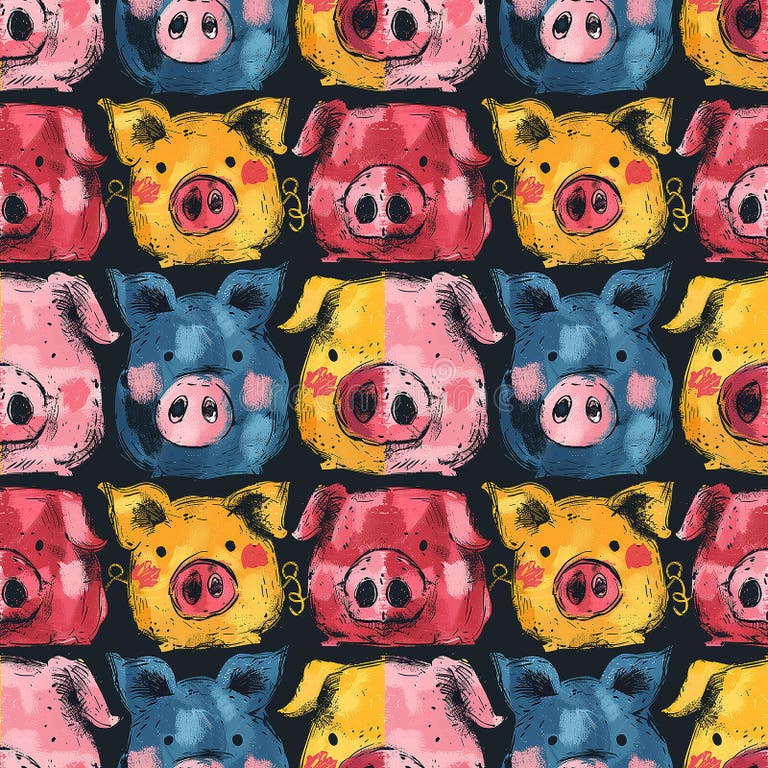 Colorful Cartoon Pigs Pattern on Navy Background Stock Image - Image of ...