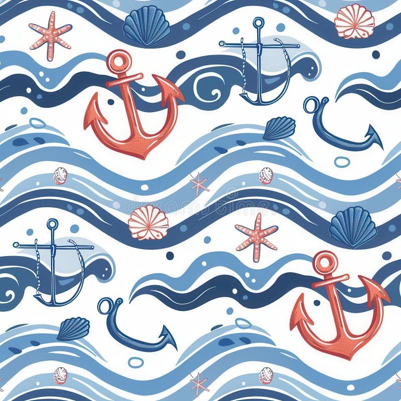 This Lively Pattern Showcases Anchors, Shells, and Waves in Vibrant ...