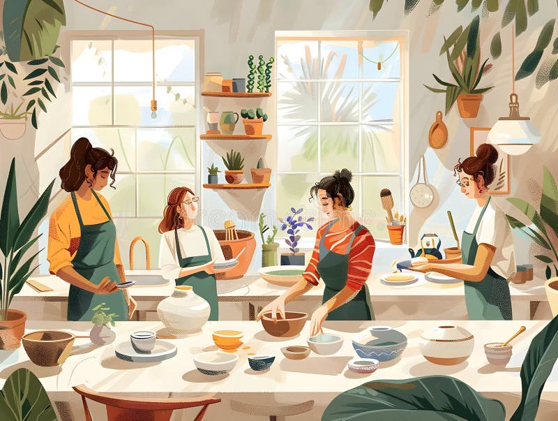 A Lively Pottery Class with Creative Friends in a Vibrant Cozy Studio ...