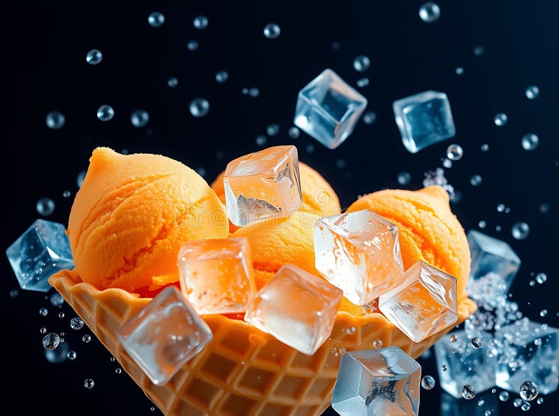 Two Scoops of Orange Ice Cream and Floating Ice Cubes, Ai Generated ...