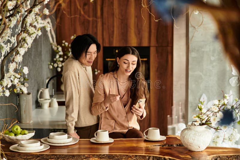 Couple Joyfully Plans Their Wedding in Stock Image - Image of ...