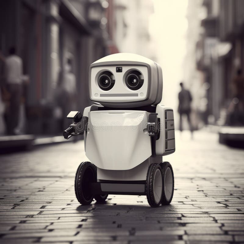 Lively Street Scene: Robot Walking with Blank Sign Stock Illustration ...
