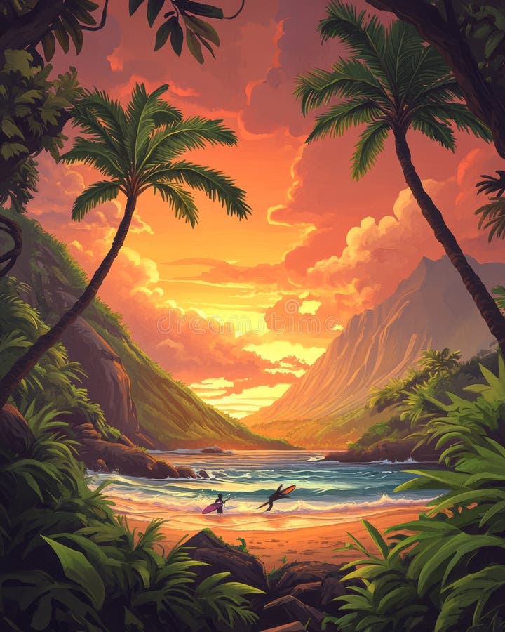 Lively Sunset Above the Sea Featuring Surfers and Palm Trees Stock ...