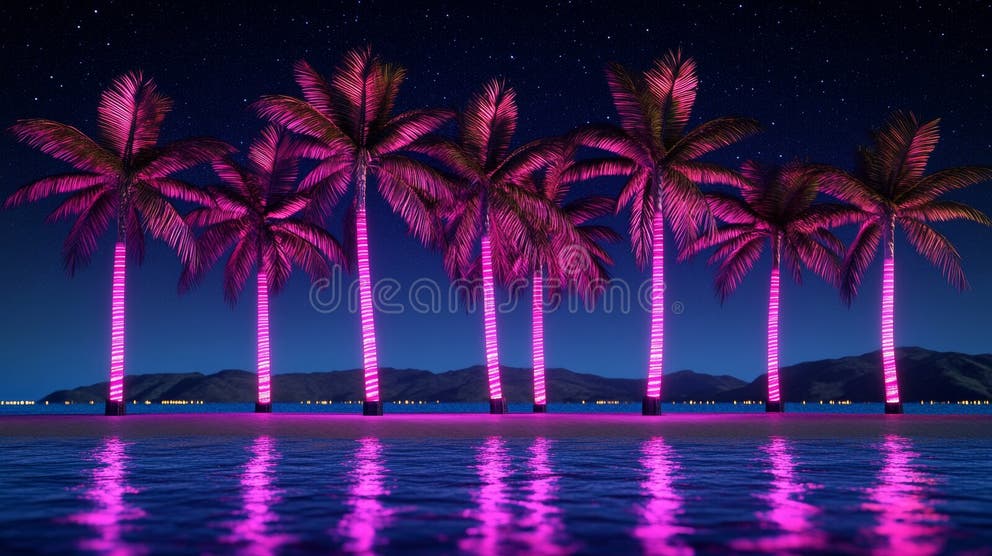 A Lively Sunset Scene Featuring Palm Trees Mirrored in Tranquil Water ...