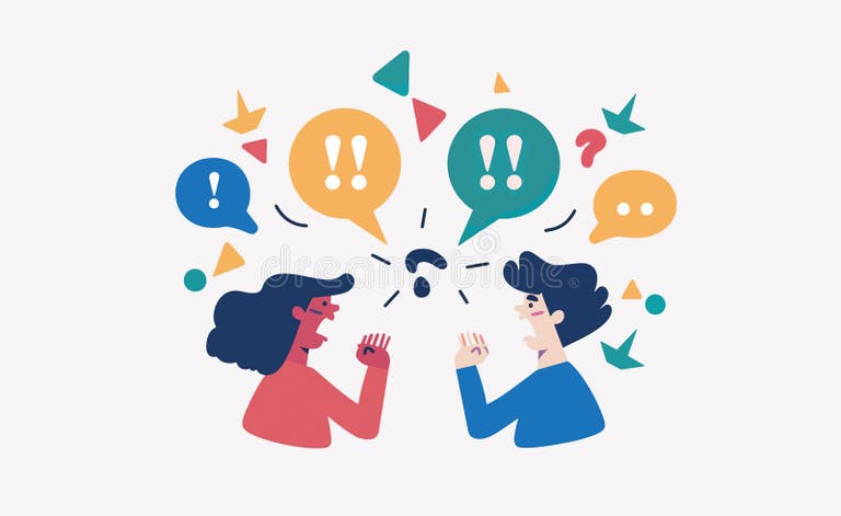 Lively Talk - Two People Converse Amid Speech Bubbles, Question Marks ...