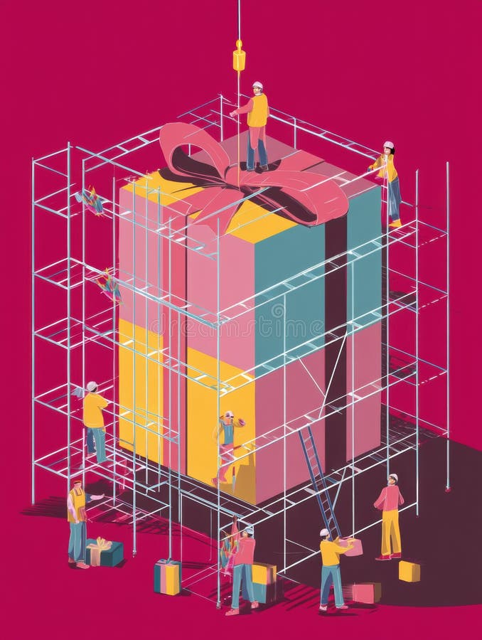 Workers Construct a Massive Gift Box with Vibrant Colors Inside a Large ...