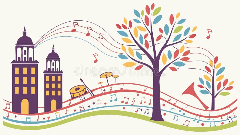 Lively Town Square Illustration with Music Notes and Buildings Vector ...