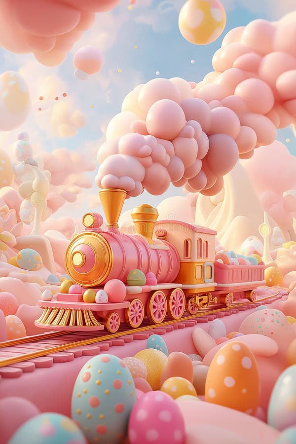 A Lively Train Chugs through a Whimsical Landscape of Pastel Eggs and ...