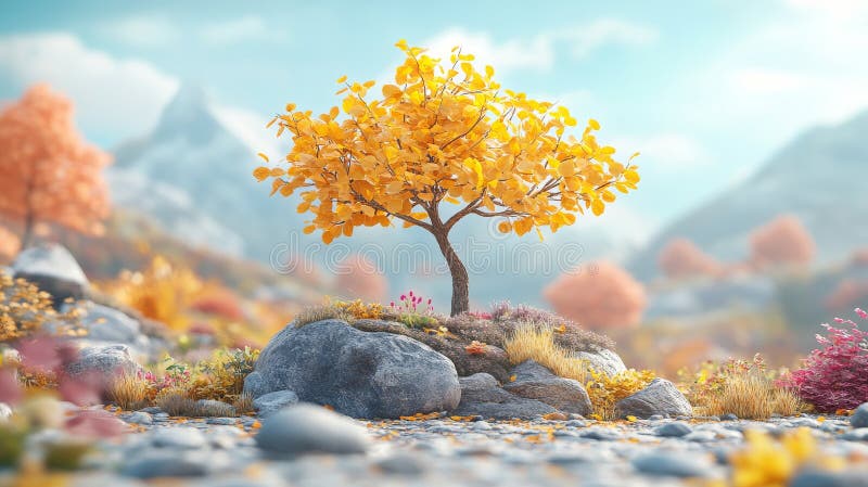 A Lively Tree Bathed in Sunlight, Set Against a Backdrop of Rolling ...