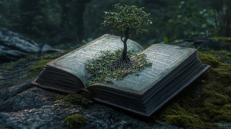 A Lively Tree of Wisdom Grows from the Open Pages of an Ancient Book ...