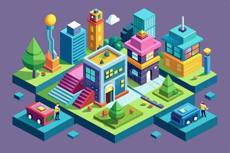 A Lively Urban Environment Features Colorful Buildings, Trees, Vehicles ...