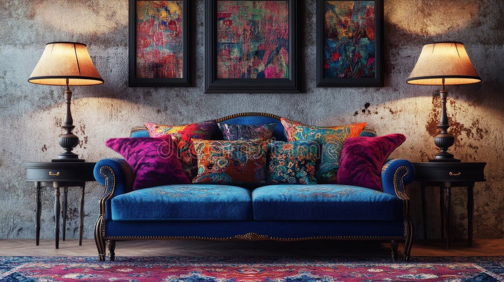 A Lively Velvet Sofa Adorned with Ikat Patterned Cushions. Stock Image ...
