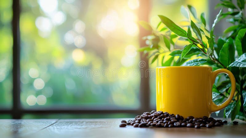 A Lively Yellow Coffee Cup, Nestled among Coffee Beans with Plants ...