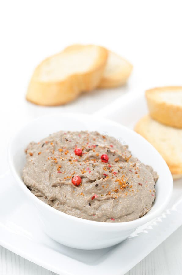 Liver Pate with Pink Pepper in a White Bowl, Vertical Stock Image ...