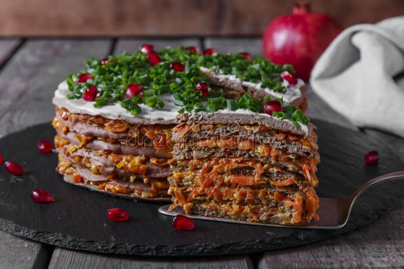 Liver Pie Layer Cake Stuffed with Carrots and Onions Stock Photo ...