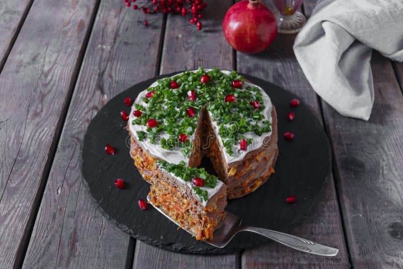 Liver Pie Layer Cake Stuffed with Carrots and Onions Stock Photo ...