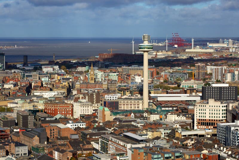 Liverpool City Aerial Panorama View Stock Photo - Image of iconic ...