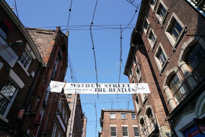 Liverpool, UK-May 25, 2017: Banner at Mathew Street in Liverpool ...