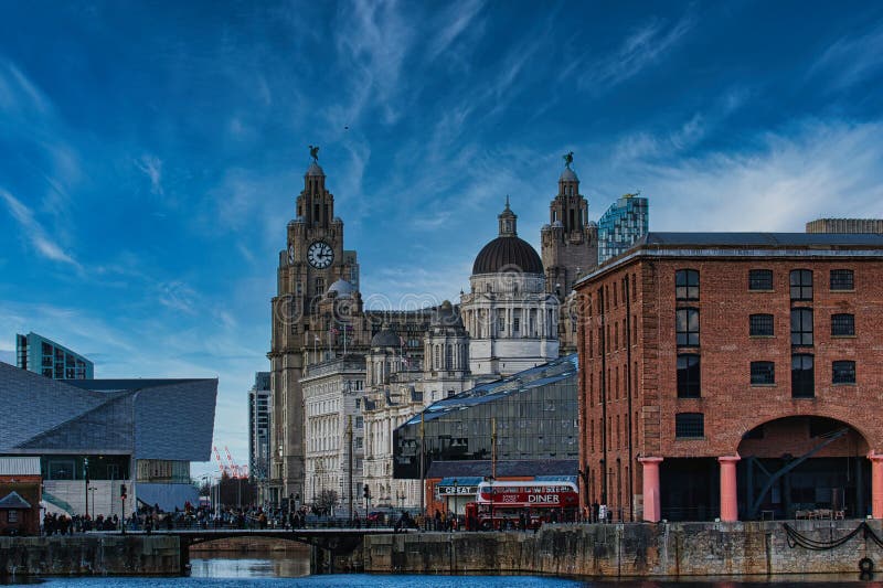 Liverpool Waterfront with Historic Buildings and Blue Sky Stock Photo ...