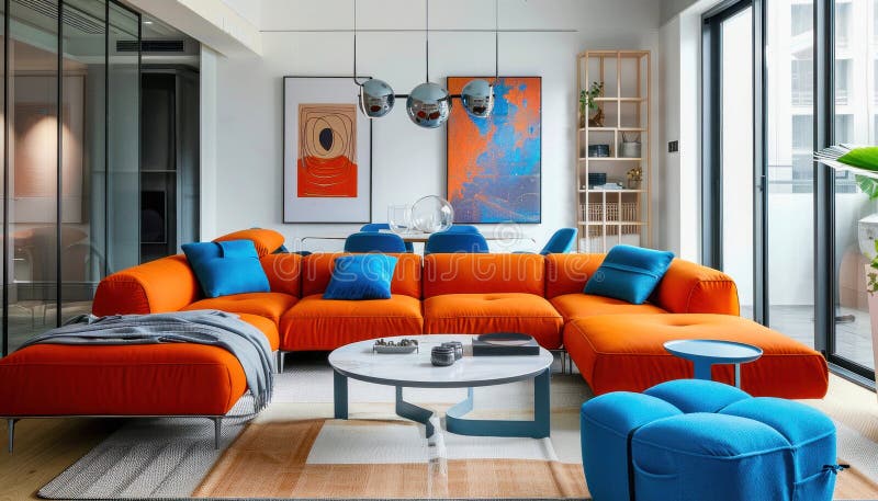 Living Area Features Bright Orange Sectional Couch with Blue Pillows ...
