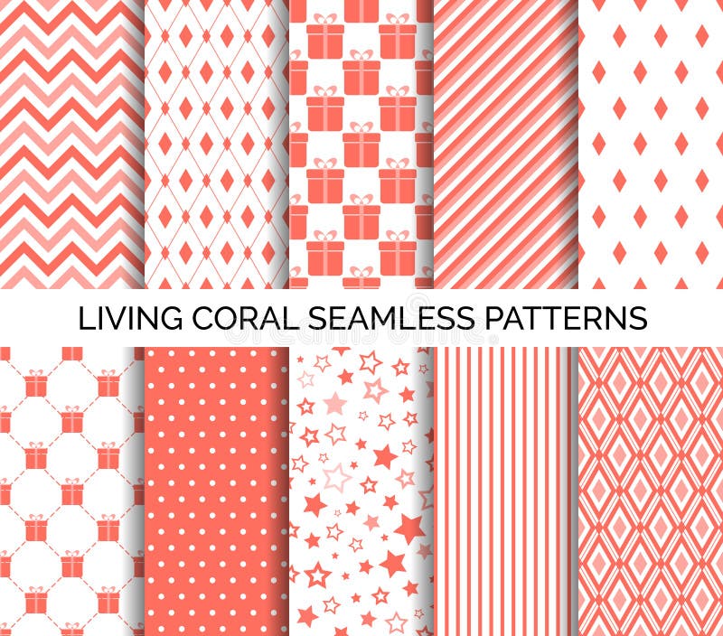 Living Coral Color Seamless Vector Patterns. Set of Abstract ...