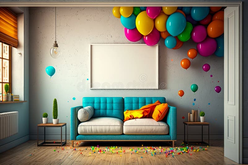 Living Room with Balloons and Couch. Generative AI Stock Photo - Image ...