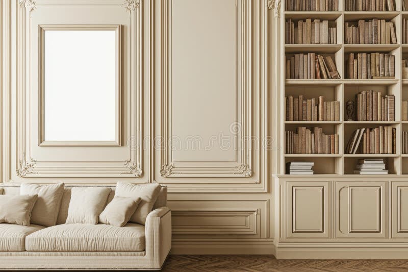 Living Room with Bench and Bookshelf in Beige, Mockup Stock Image ...